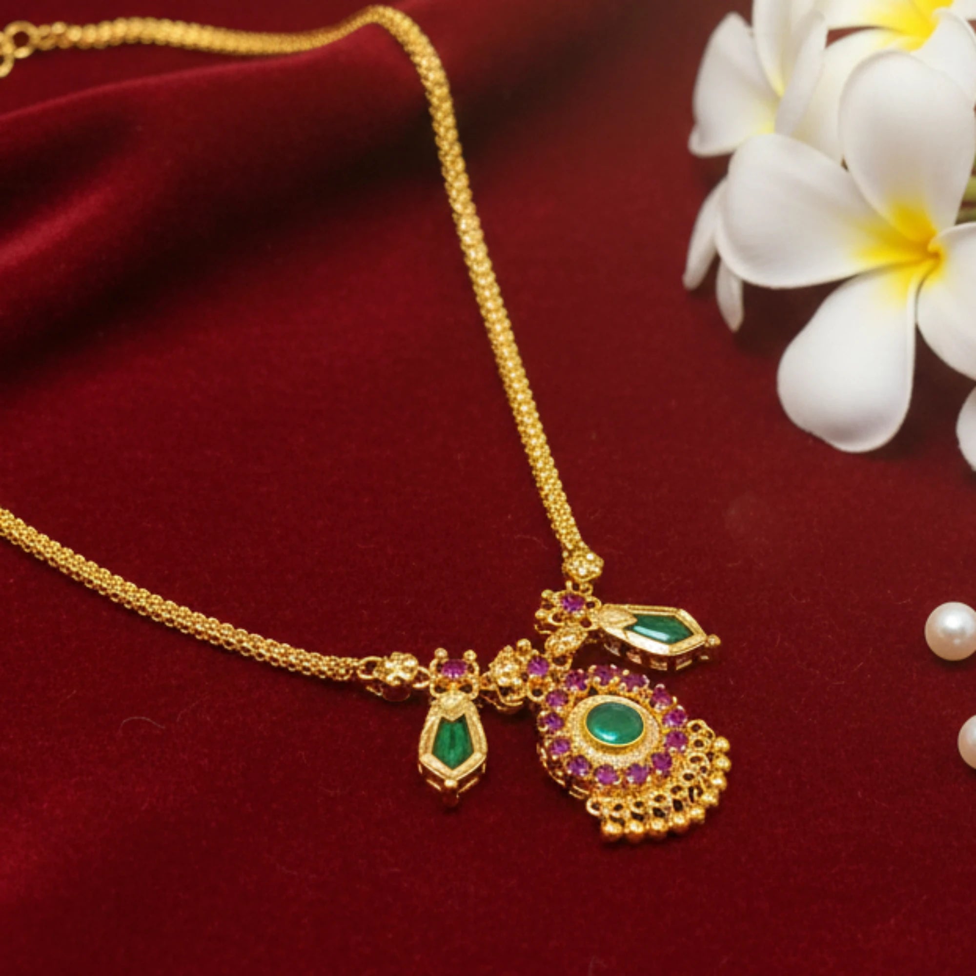 Gold Plated Traditional Naga Padam Choker with Green Palakka and Ruby ...